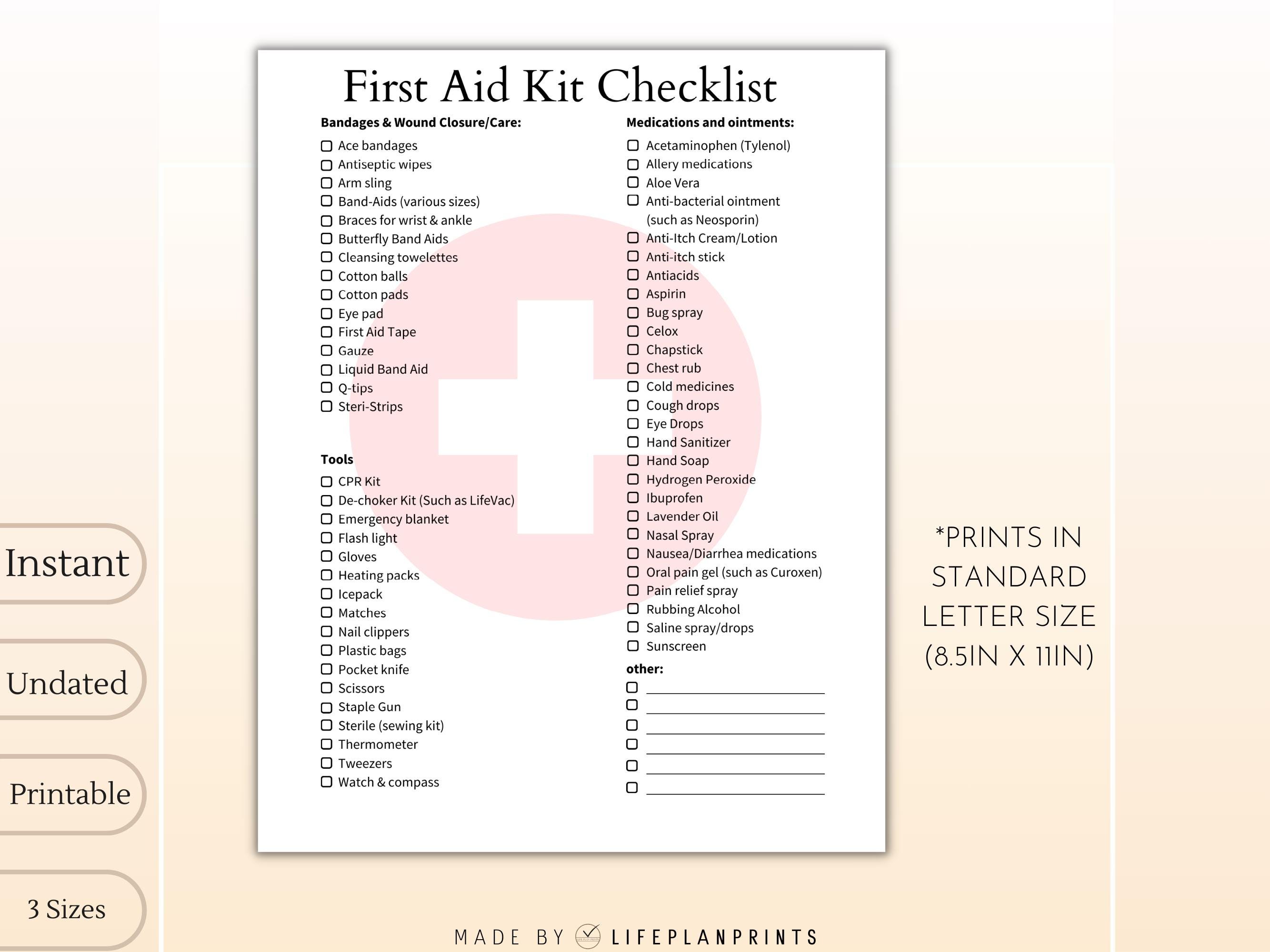 Printable First Aid Kit Checklist | Postcard Size | Complete First Aid ...