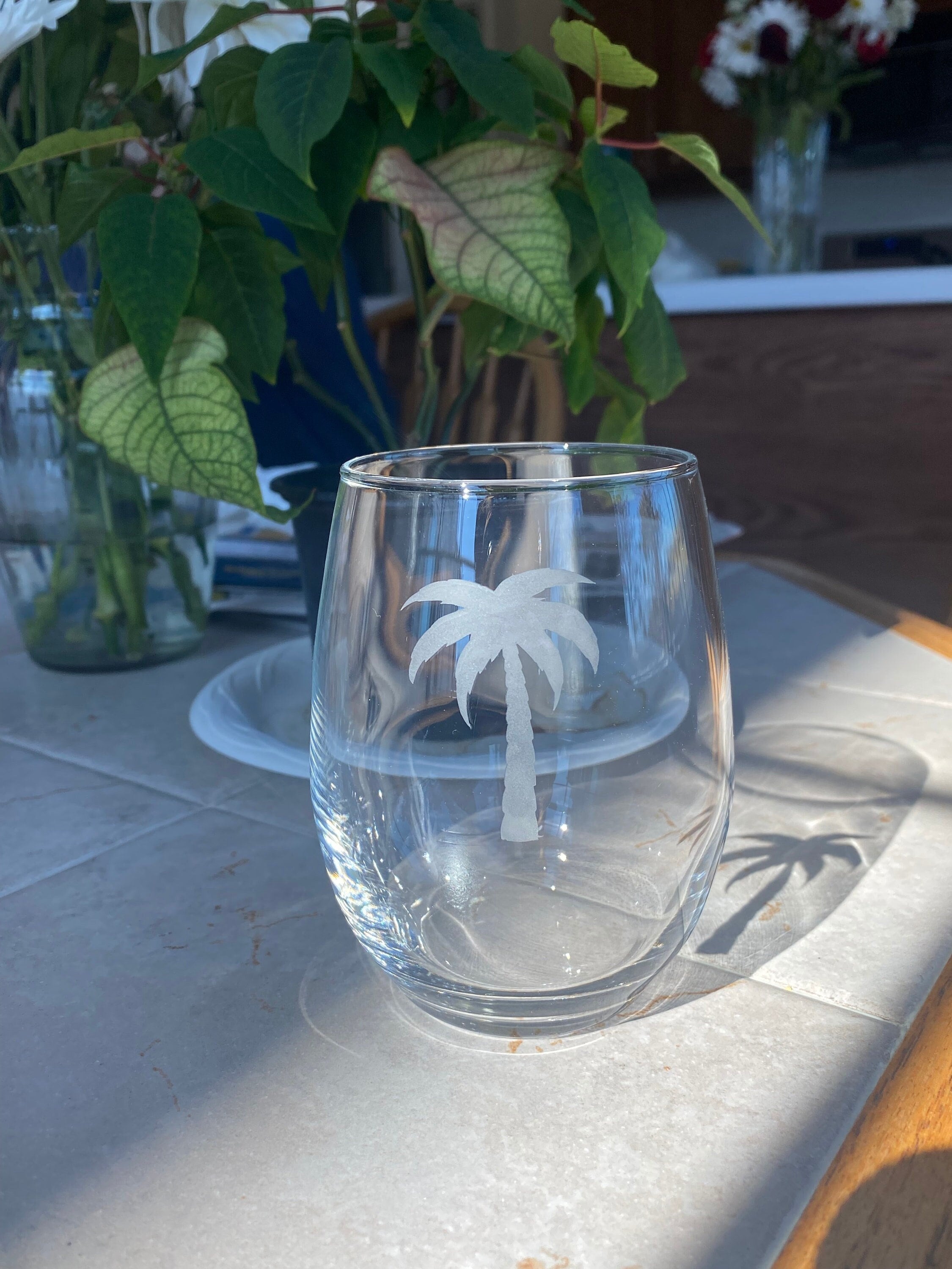Palm Tree Etched Stemless Wine Glass - Etsy