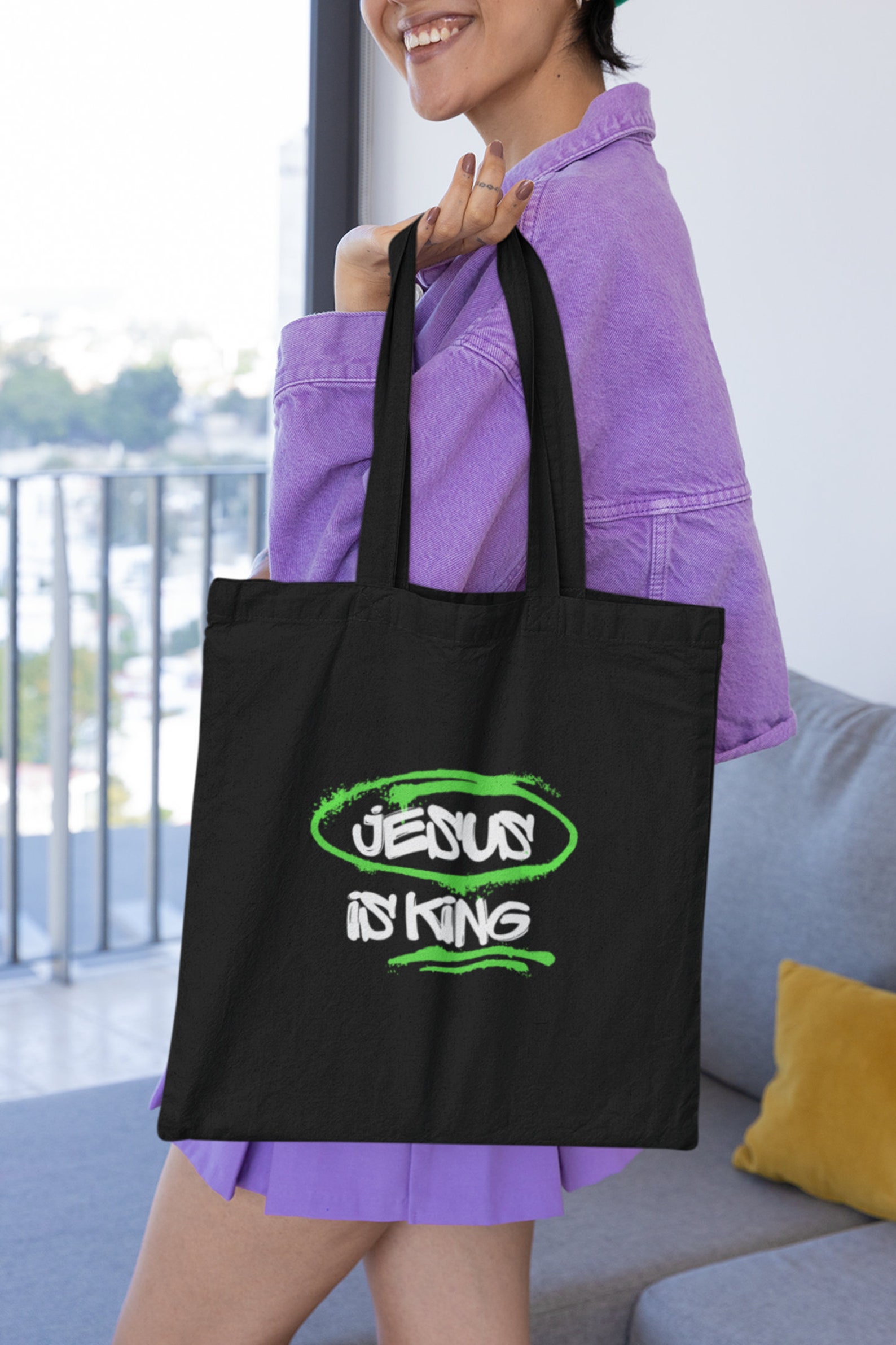 Jesus is King Christian Tote Bag Edgy Bible Bag for Him Faith Canvas ...
