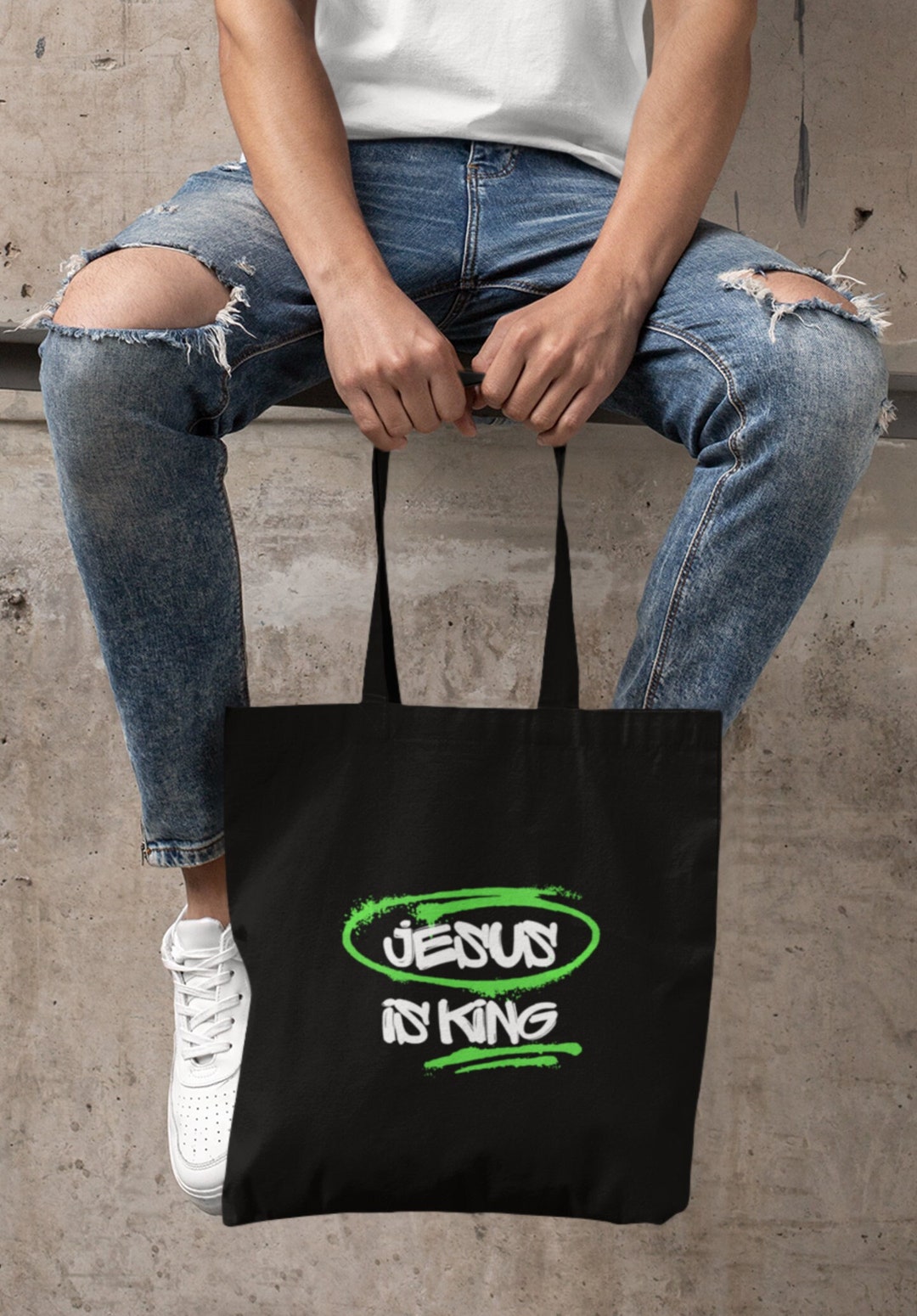 Jesus is King Christian Tote Bag Edgy Bible Bag for Him Faith Canvas ...
