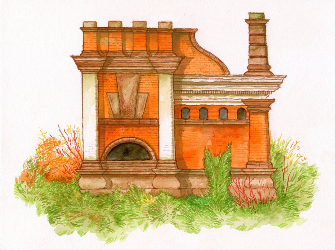 Framed Drawing/watercolor of Classical Architectural Folly With Columns ...