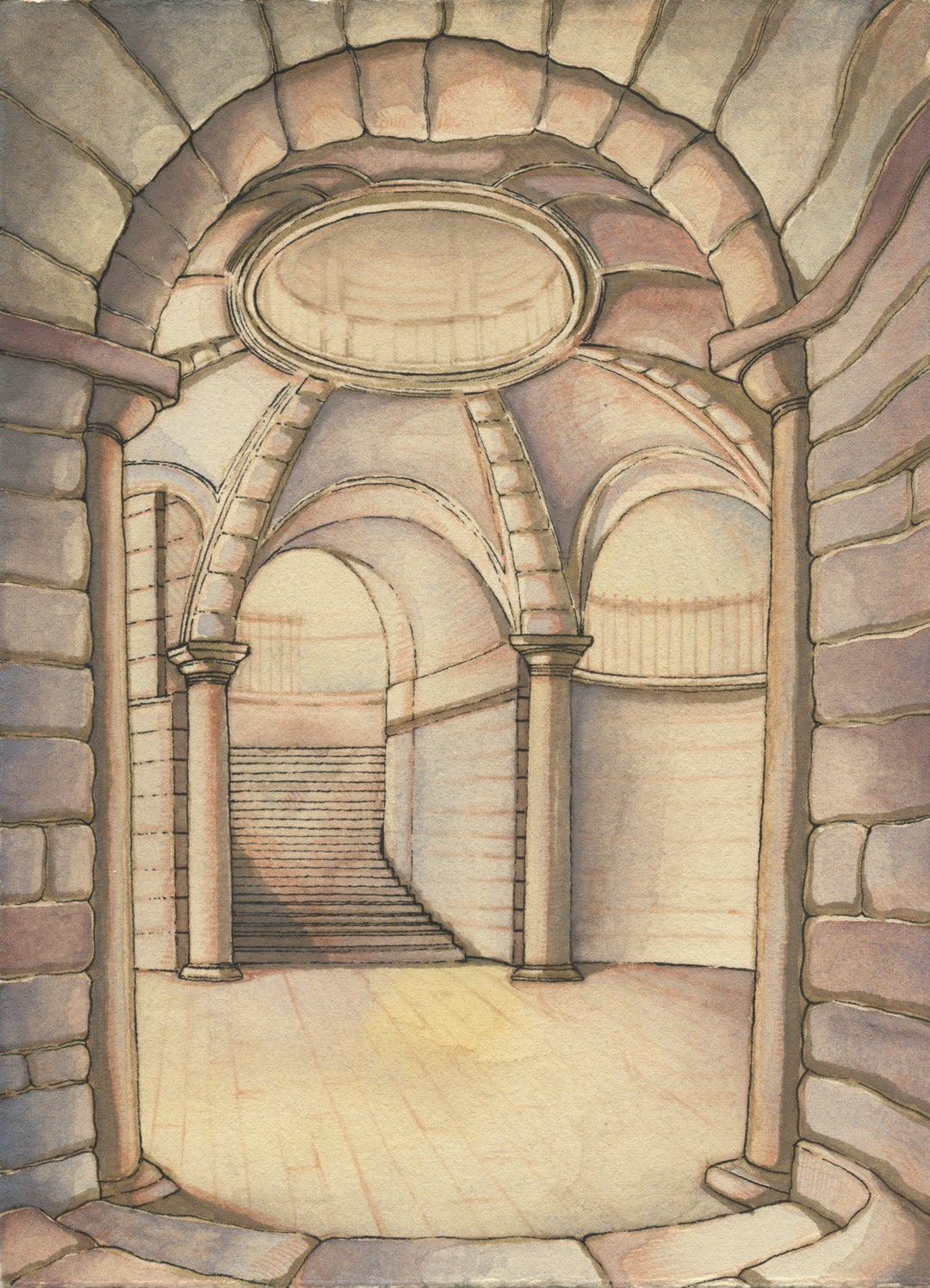 Framed Drawing/watercolor of Rusticated Rotunda in Church's Crypt With ...