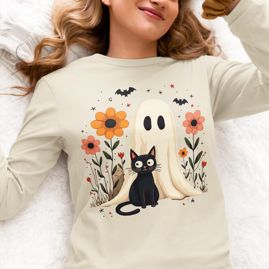 Floral Halloween Ghost & Cat PNG: Spooky Digital Art (4500x5400, 300DPI ...