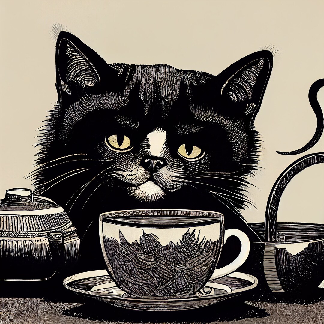 Cat Drinking Tea ink Drawing Cat Drawing Cat Sketch - Etsy