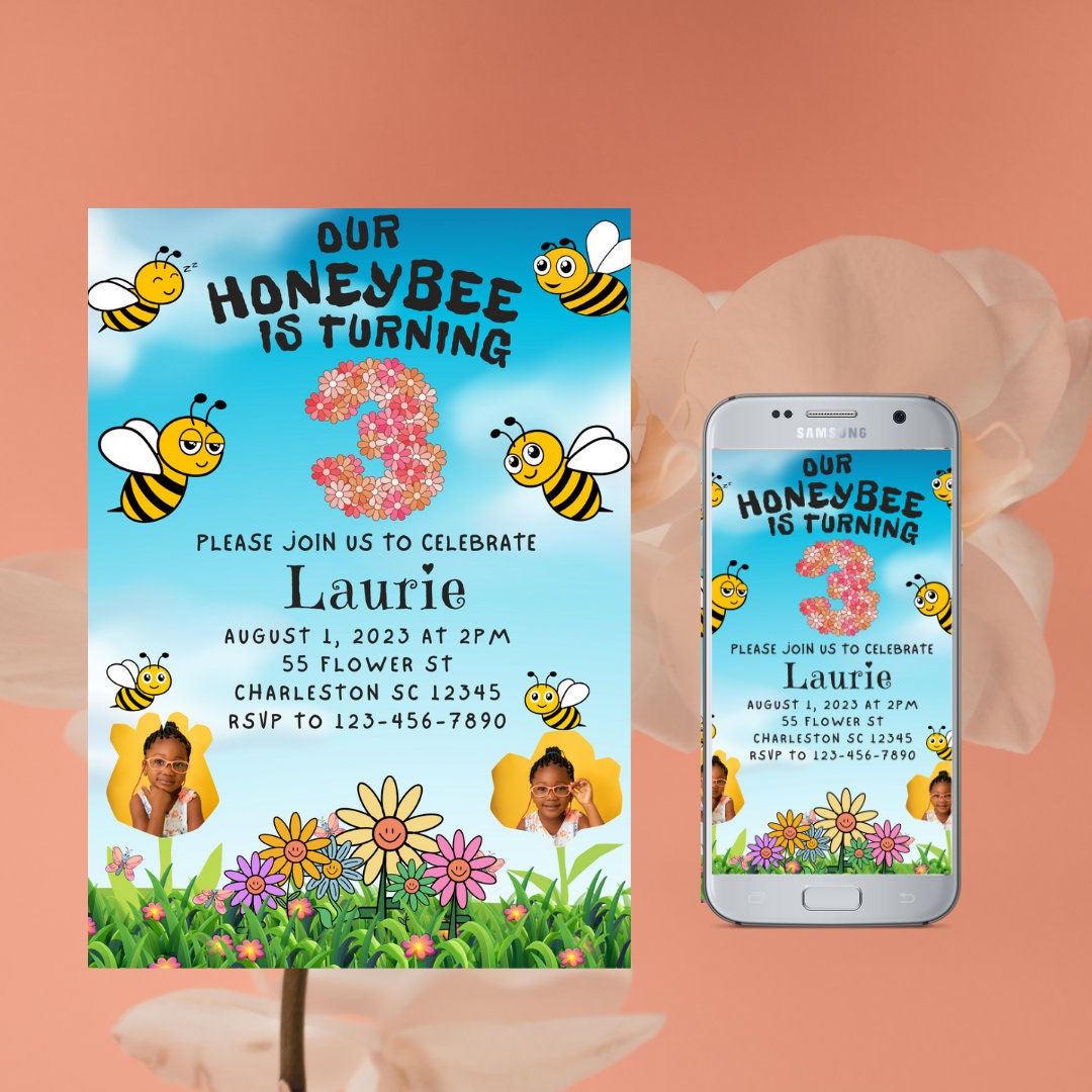 Bee 3rd Birthday Invitation, Editable, Honey Bee Invitation, Bee ...