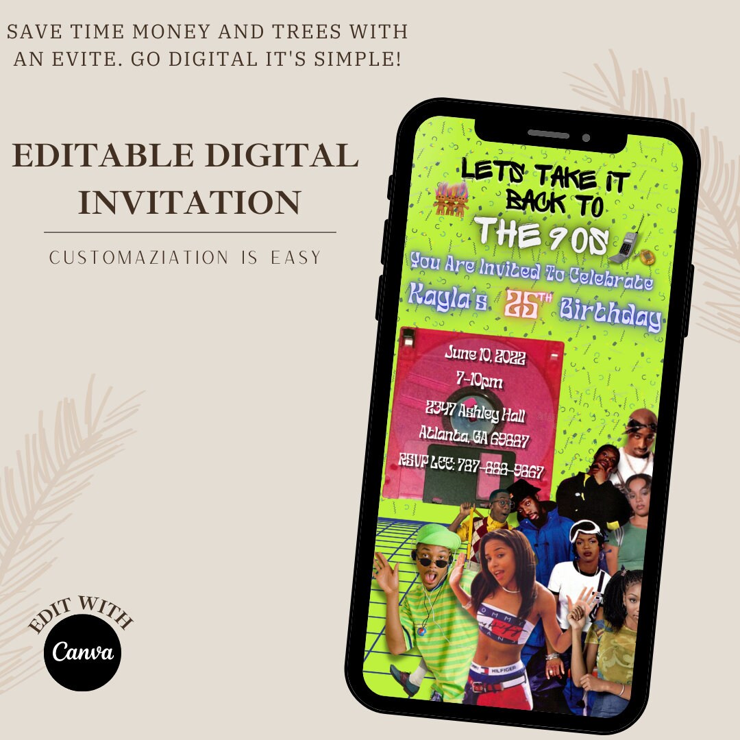 90s Birthday Party Evite 1990s Birthday Party Electronic Editable ...