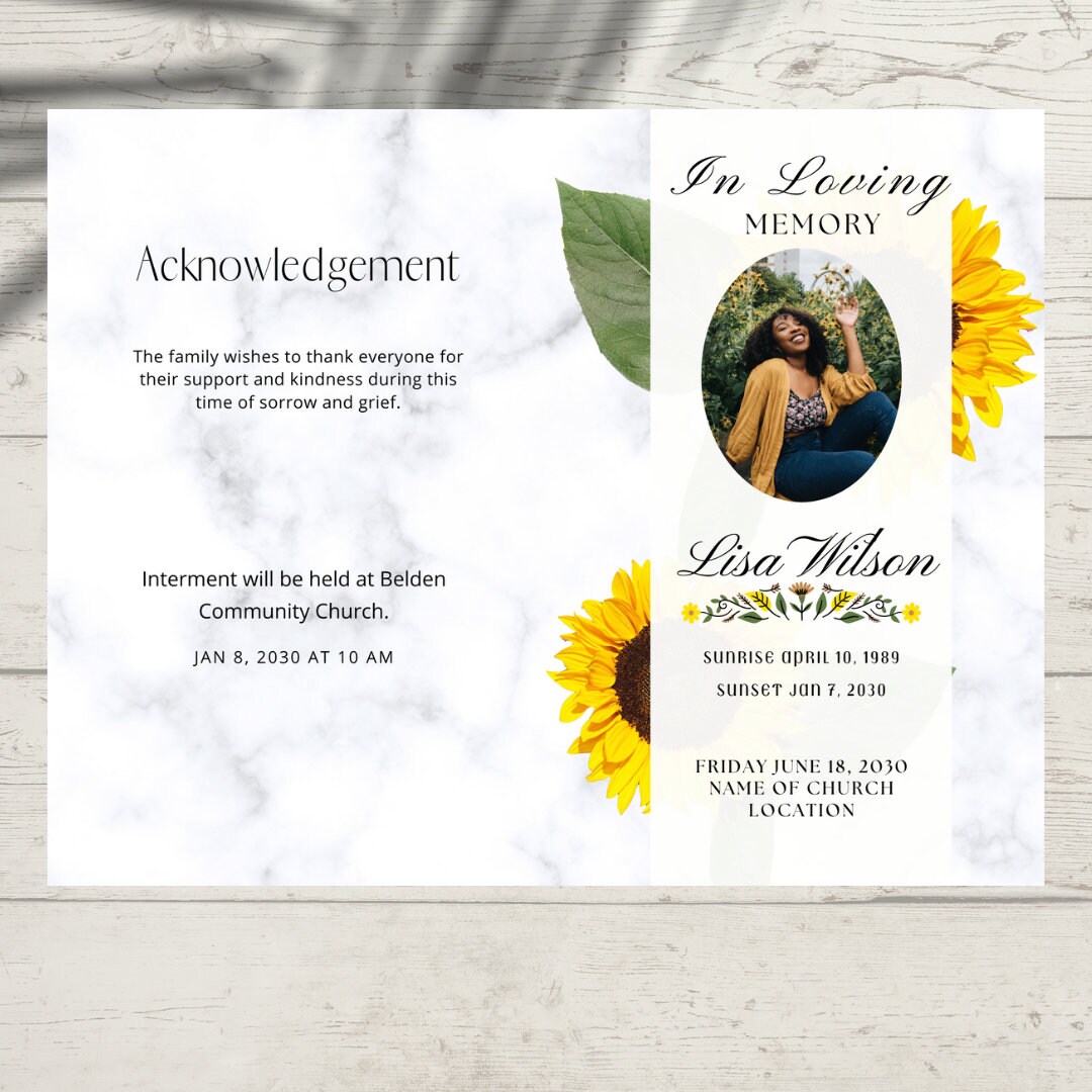 8 Page Sunflower Funeral Program Template 8 Page Obituary Template 11 X ...