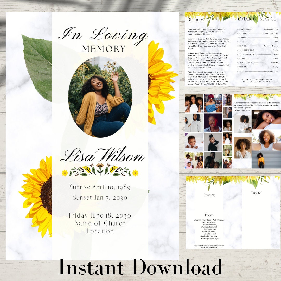 8 Page Sunflower Funeral Program Template 8 Page Obituary Template 11 X ...