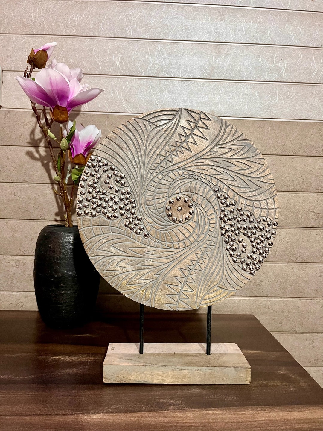 Handcarved Wooden Tabletop, Medallion Design, Mandala Style, Home Decor ...