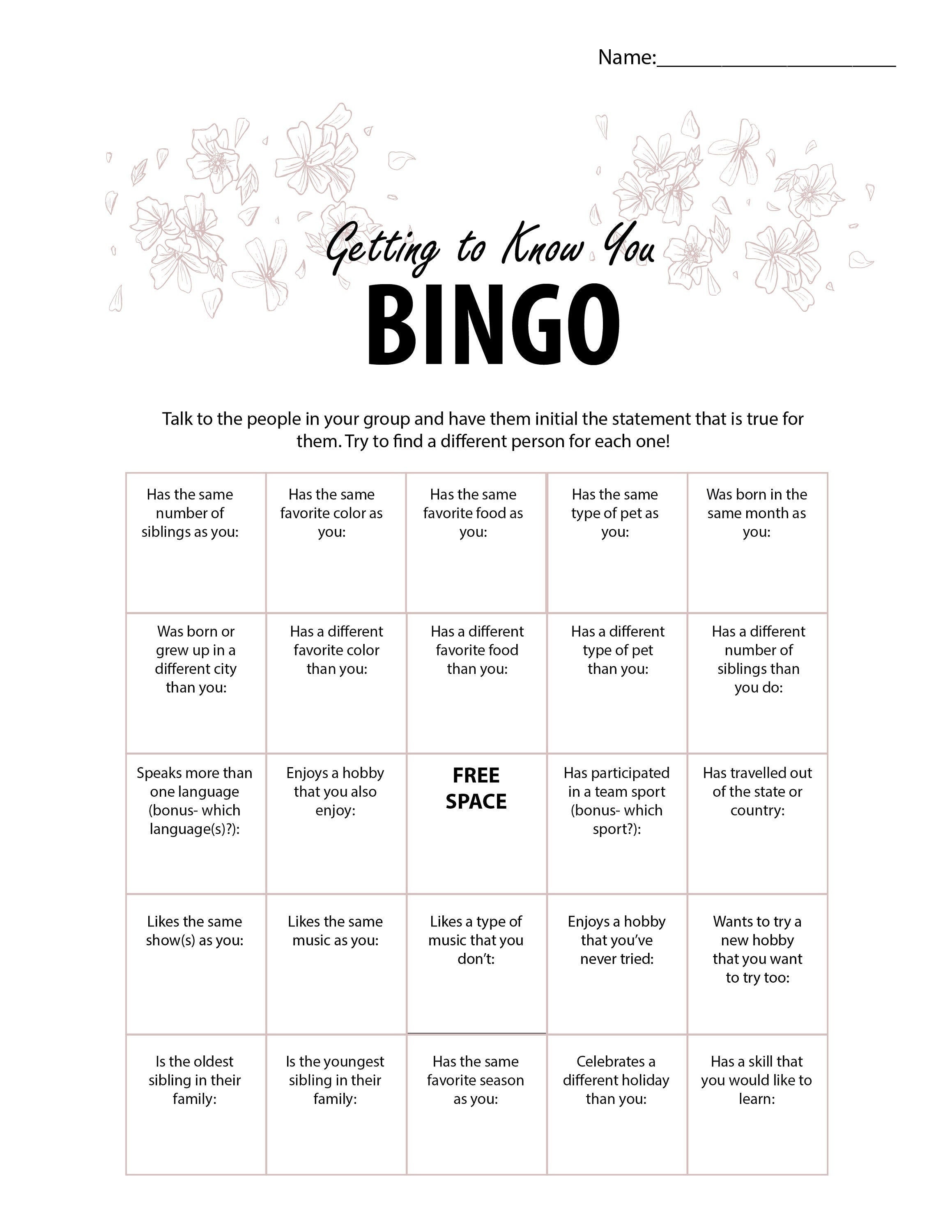 Printable Party Game Icebreaker Bingo Floral Theme Instant Download - Etsy
