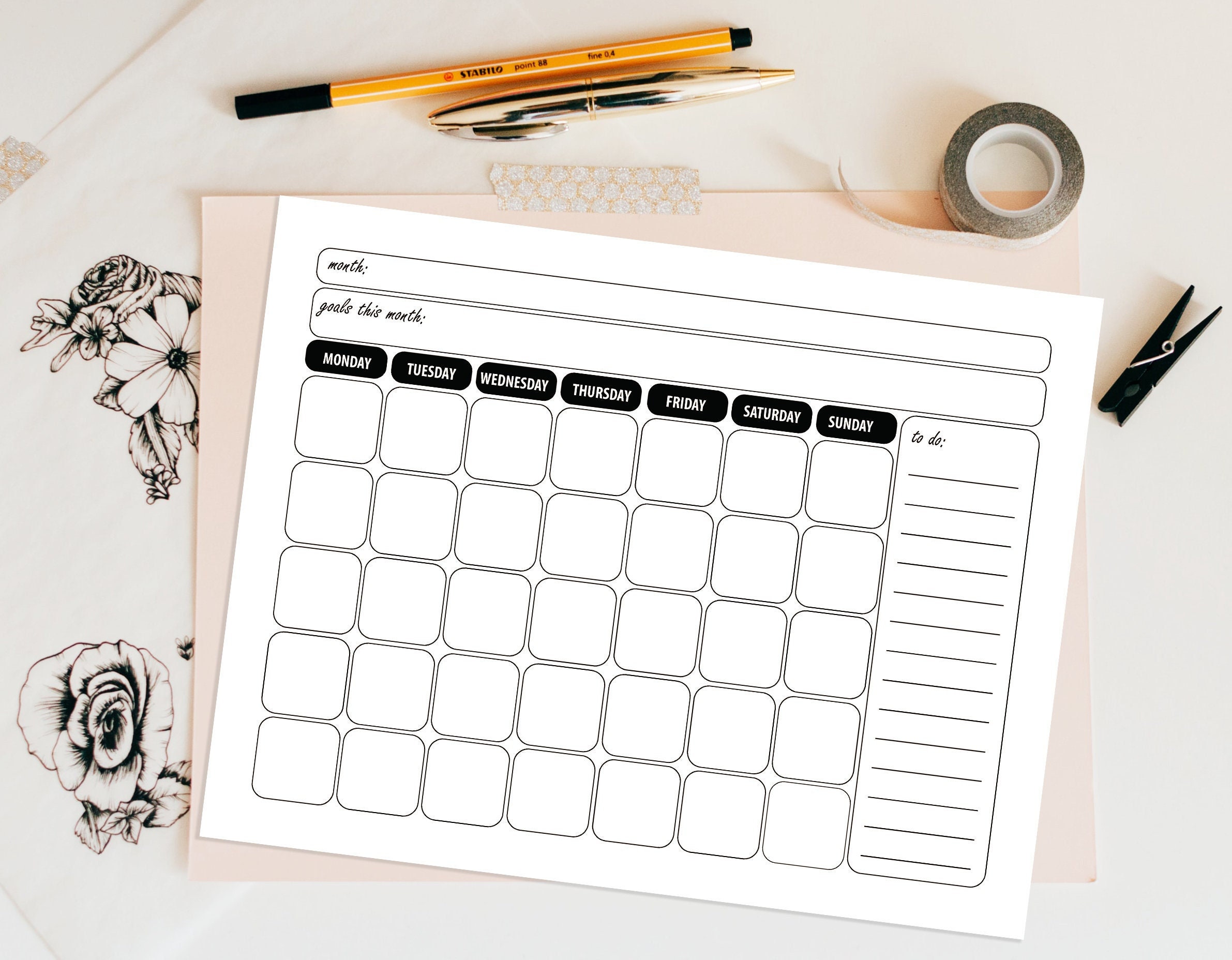 Minimalist Monthly Calendar Printable Undated - Etsy