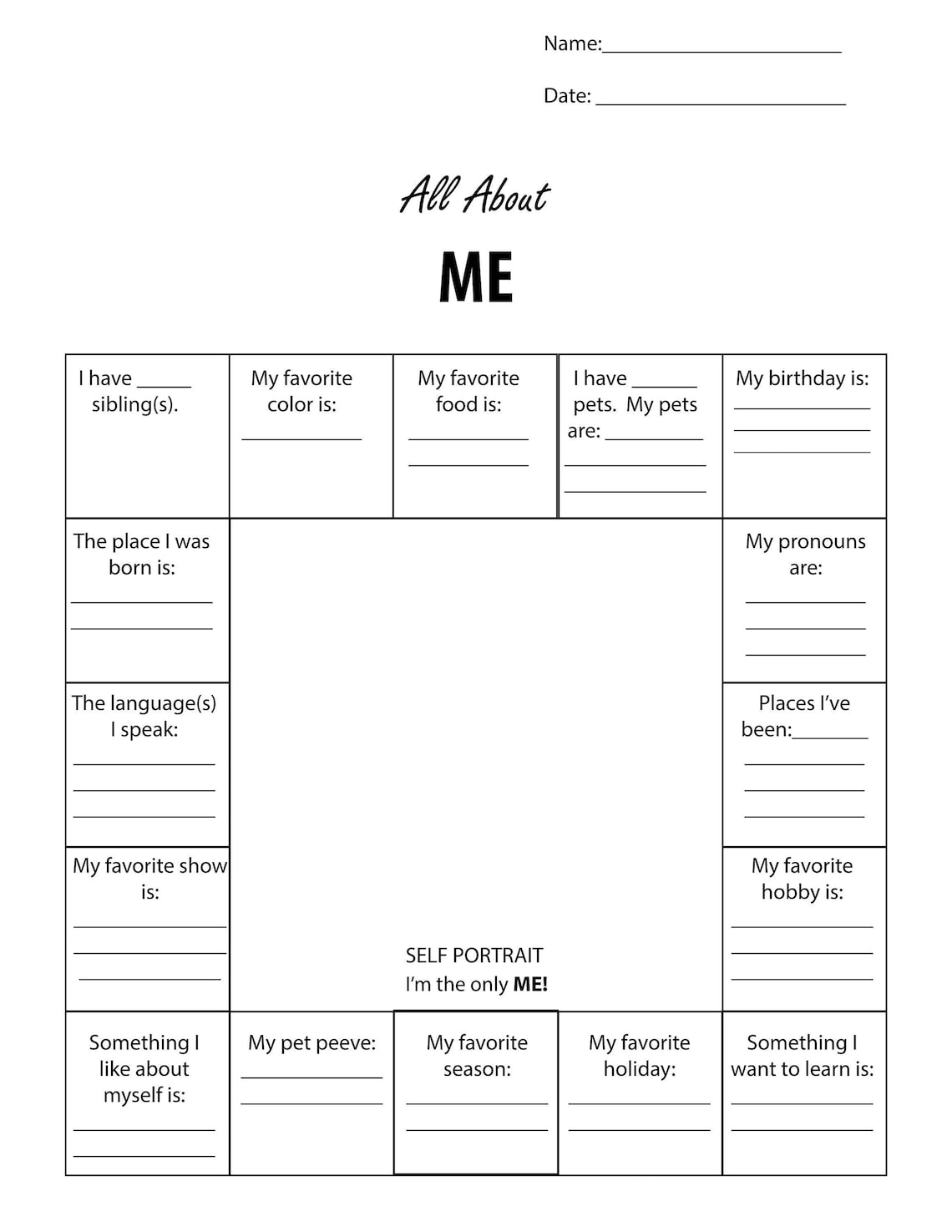 Printable Worksheet- All About Me- Academic Resource - Etsy