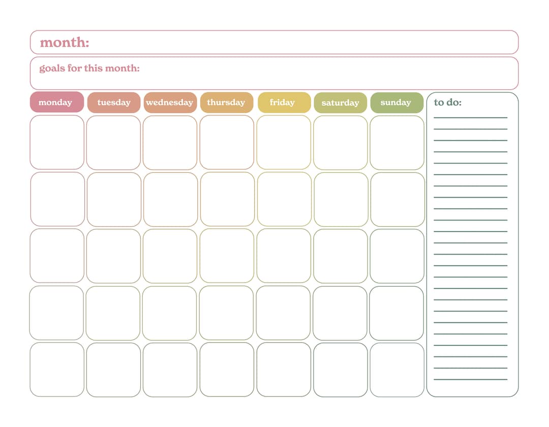 Printable Blank Calendar Rainbow Instant Download - Etsy