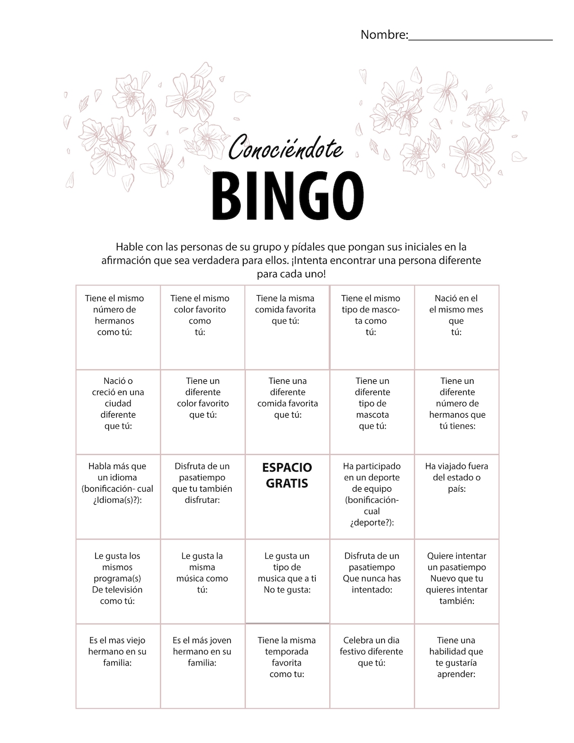 Printable Party Game Icebreaker Bingo Floral Theme Instant Download - Etsy