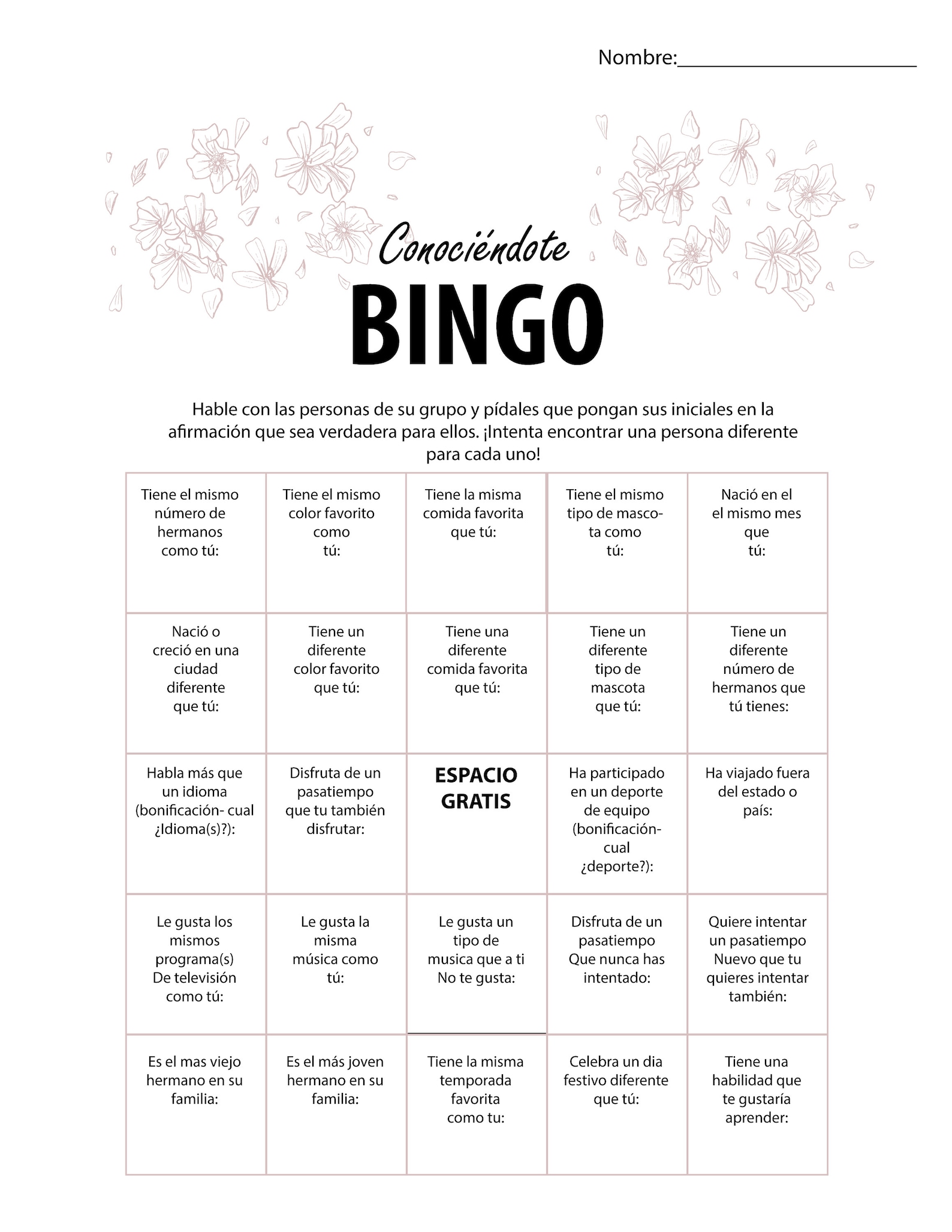 Printable Party Game Icebreaker Bingo Floral Theme Instant Download - Etsy