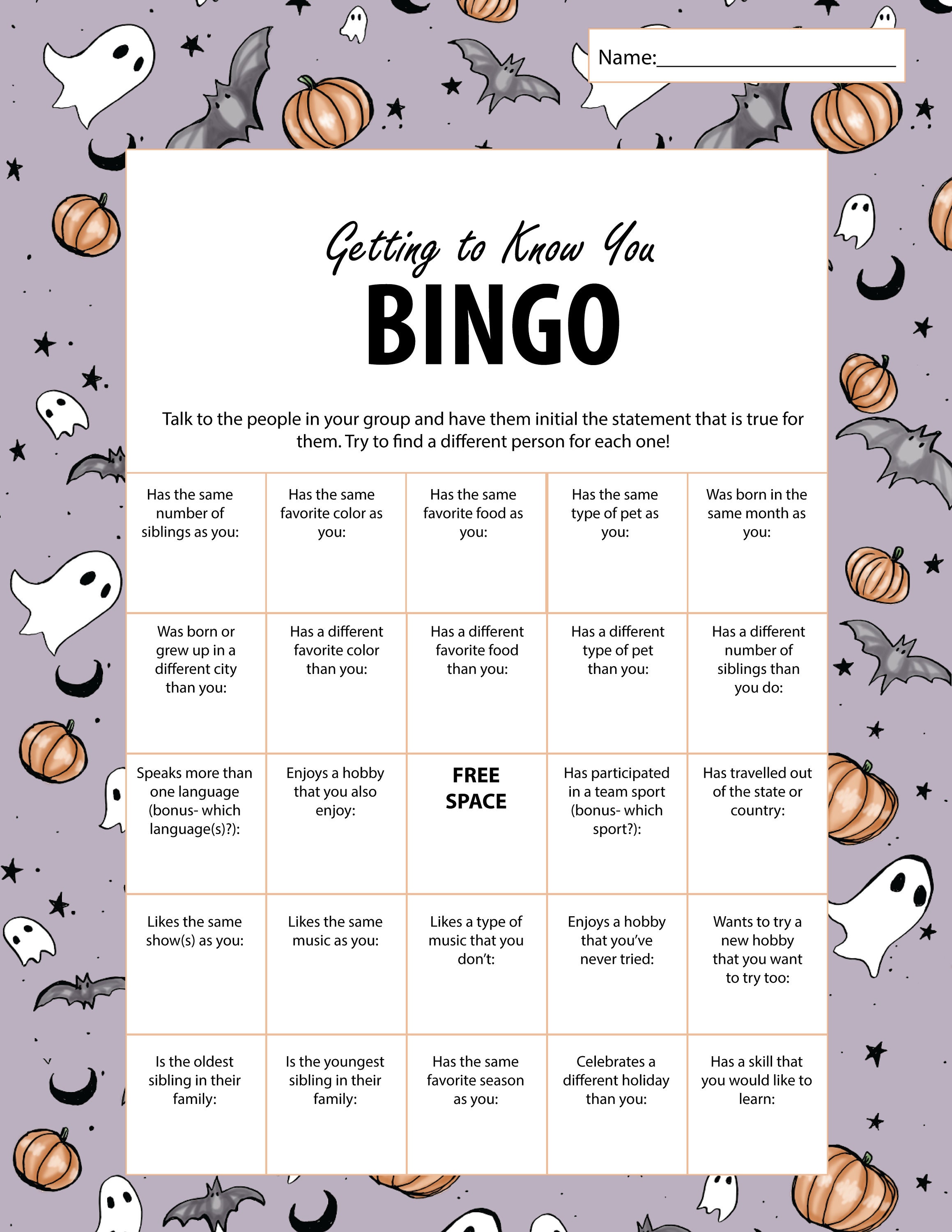 Printable Party Game Icebreaker Bingo Spooky Theme Instant Download - Etsy