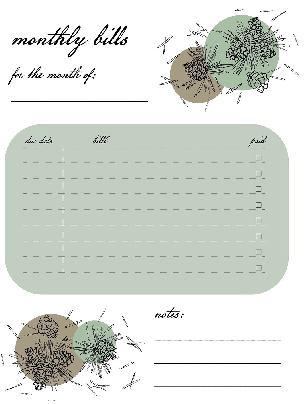 Printable Bill Tracker Sage Green Instant Download - Etsy