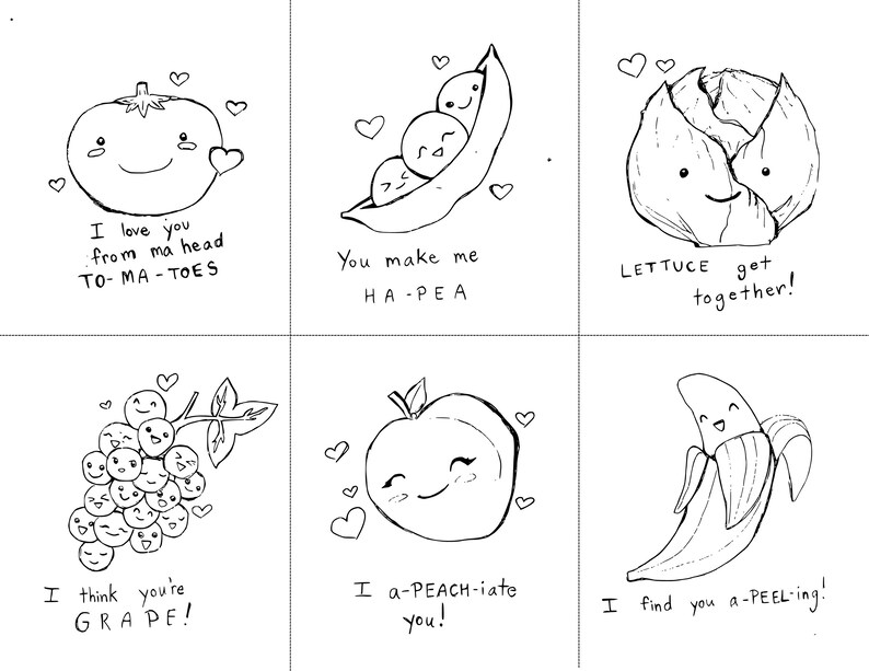 Printable Set of Cards- Color-in Fruit and Vegetable Puns- Valentine's ...