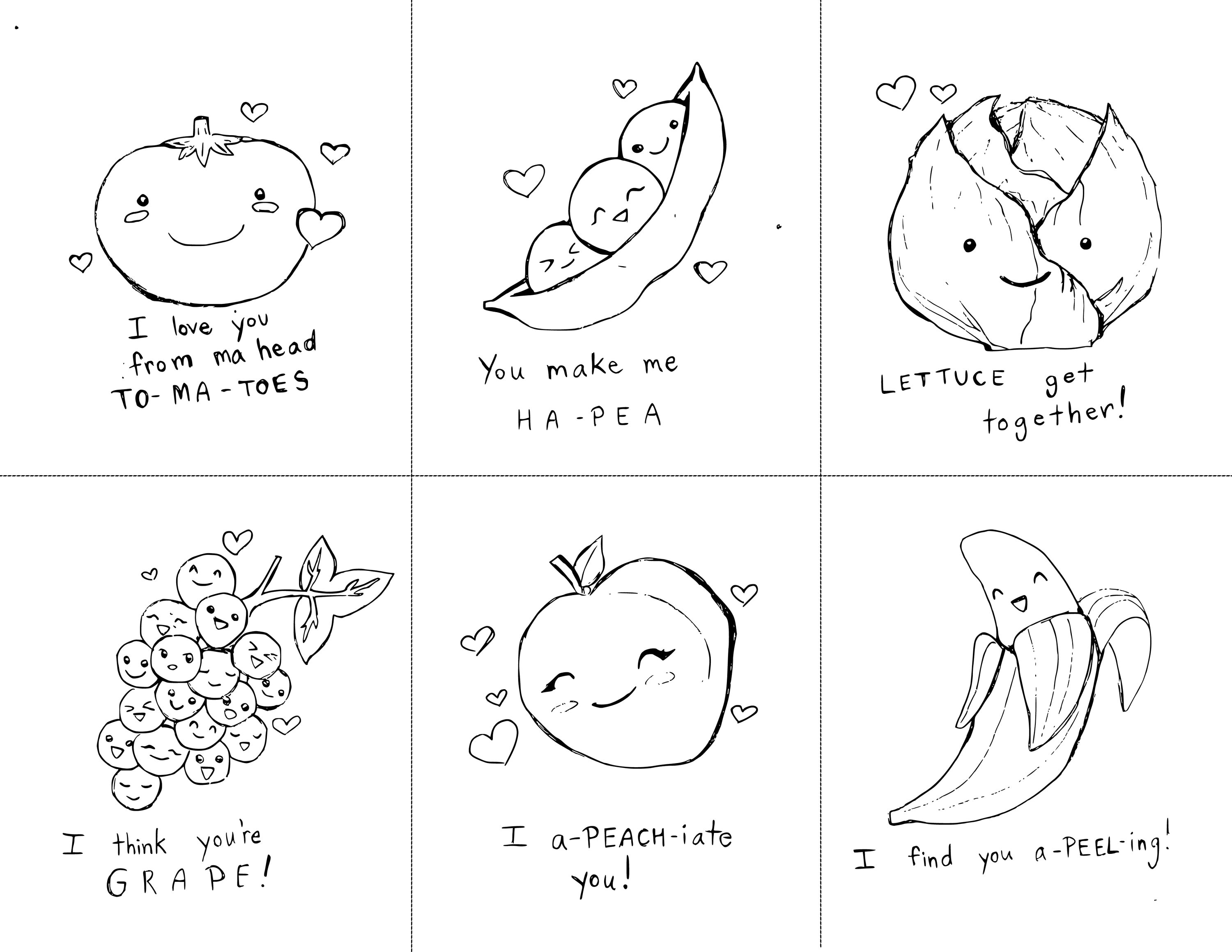 Printable Set of Cards- Color-in Fruit and Vegetable Puns- Valentine's ...