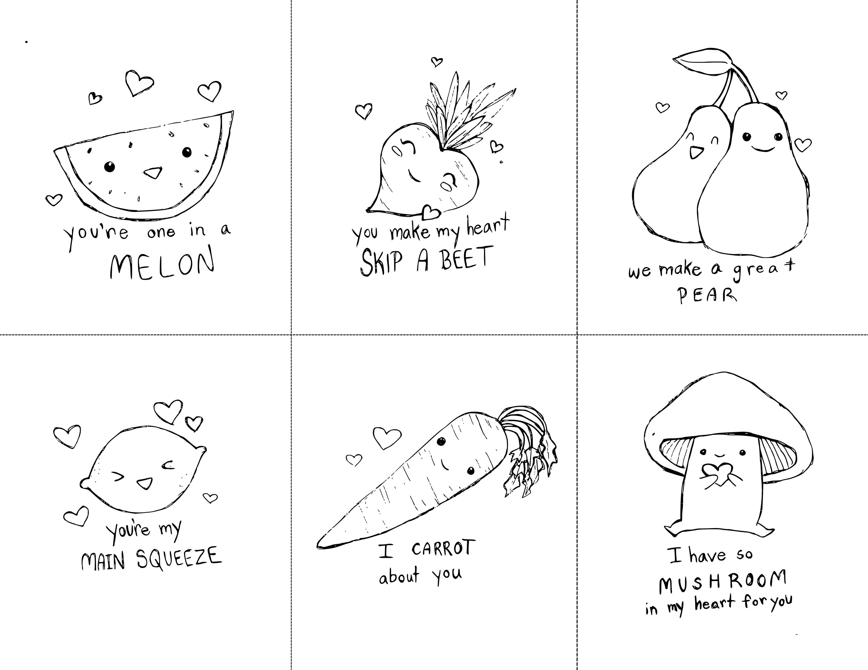 Printable Set of Cards- Color-in Fruit and Vegetable Puns- Valentine's ...