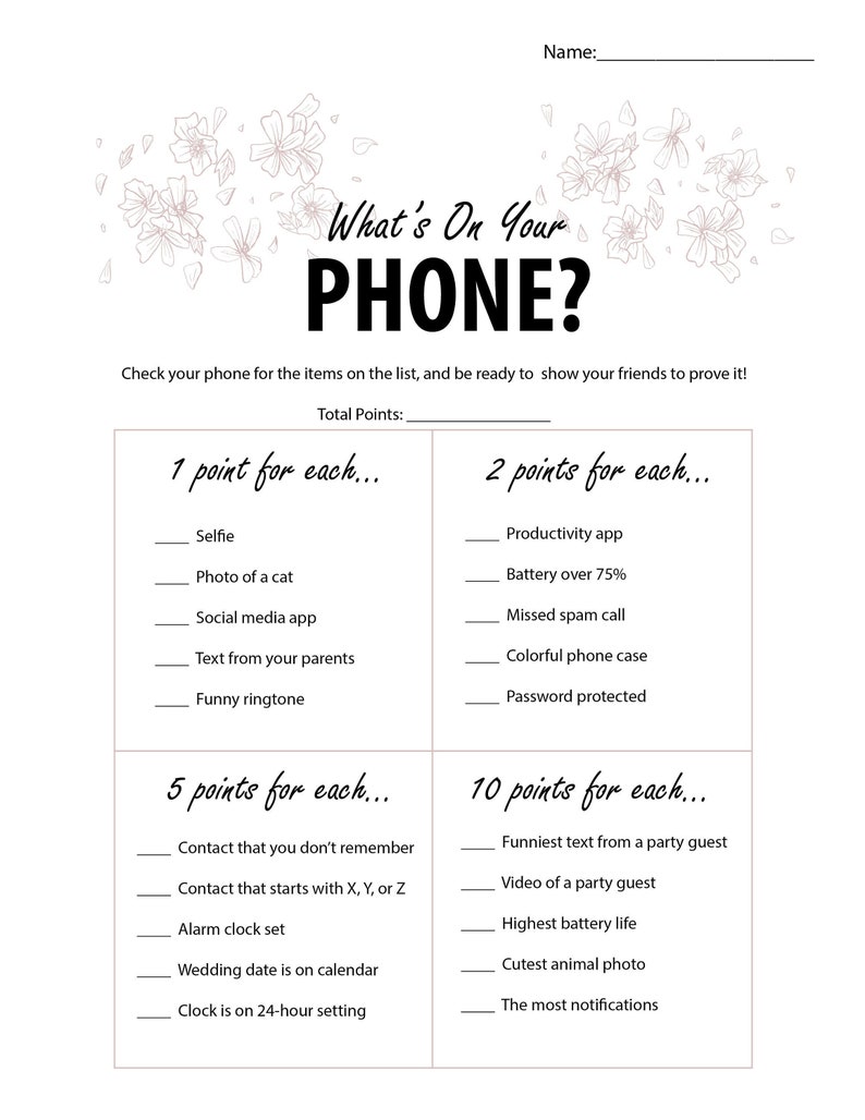 Printable Party Game What's on Your Phone Bachelorette Instant Download ...