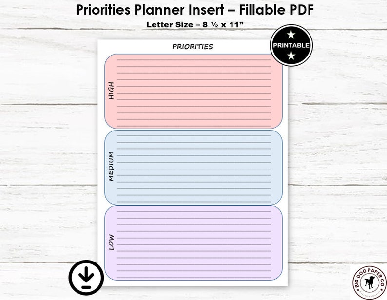 PRINTABLE & FILLABLE Priorities List Planner Insert, Colorful Planner ...