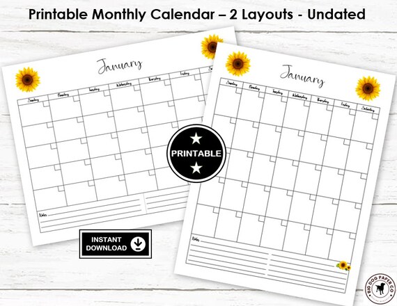 Sunflower Printable Monthly Planner Undated Printable Monthly - Etsy