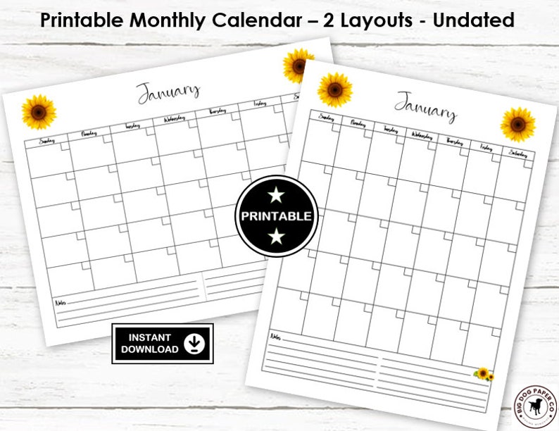Sunflower Printable Monthly Planner Undated, Printable Monthly Calendar ...