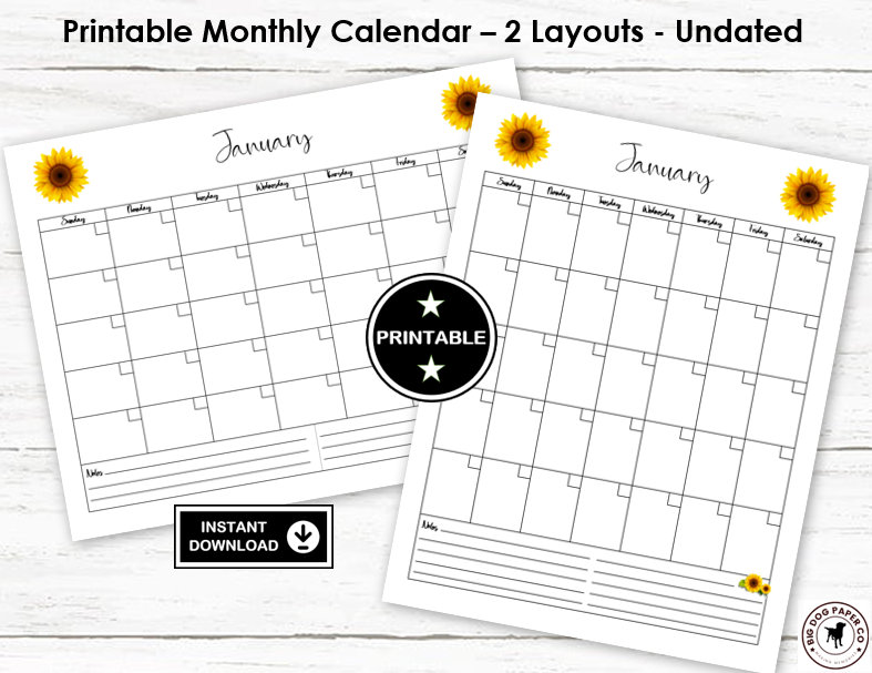 Sunflower Printable Monthly Planner Undated, Printable Monthly Calendar ...