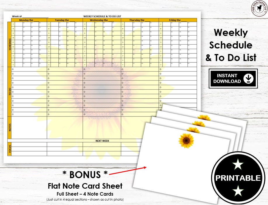 Sunflower Printable Planner Bundle Undated, BONUS Flat Note Cards ...