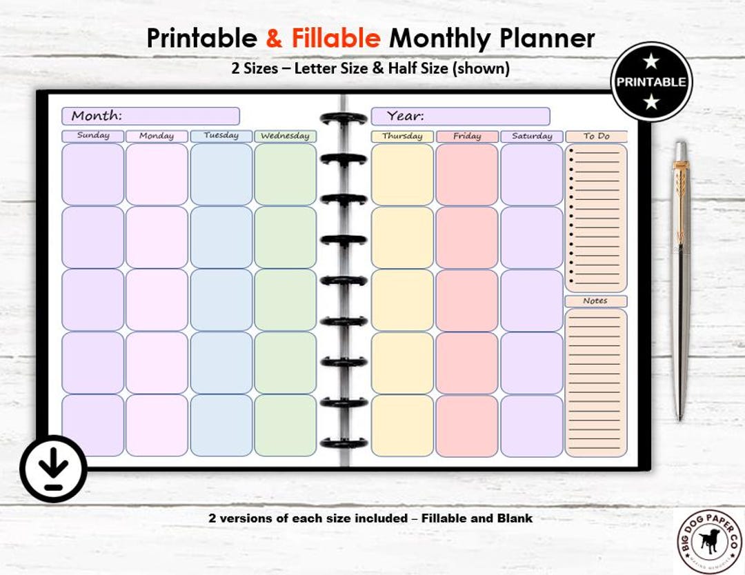 PRINTABLE & FILLABLE Monthly Planner, Colorful Monthly Planner Page ...