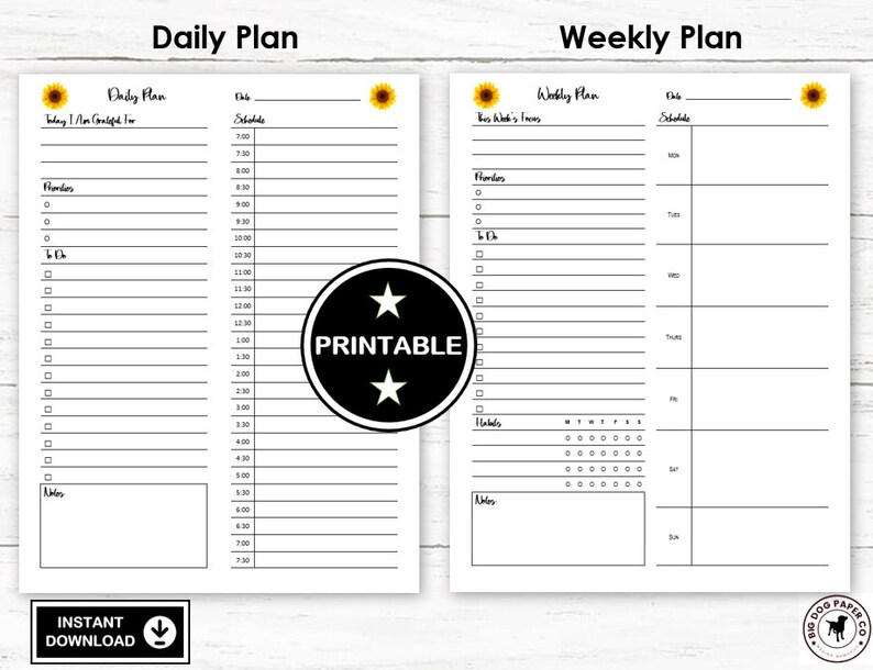 Sunflower Printable Planner Bundle Undated, BONUS Flat Note Cards ...