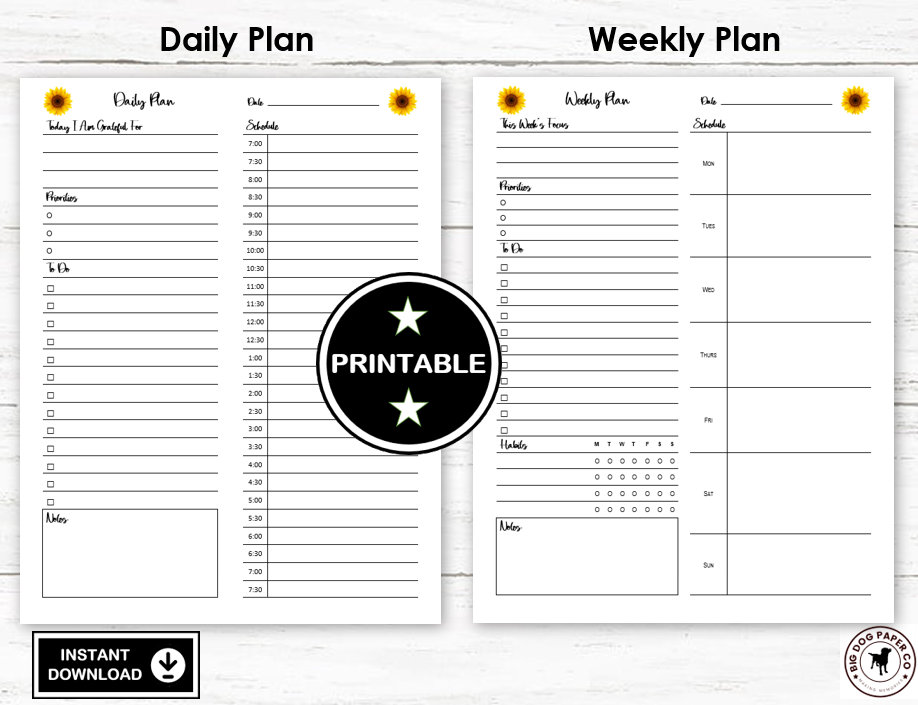 Sunflower Printable Planner Bundle Undated, BONUS Flat Note Cards ...