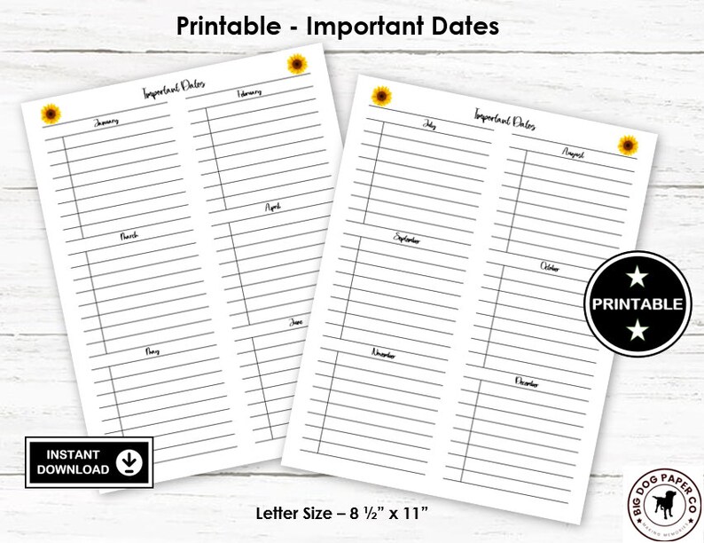 Printable Sunflower Important Dates Monthly Planner Insert Undated ...