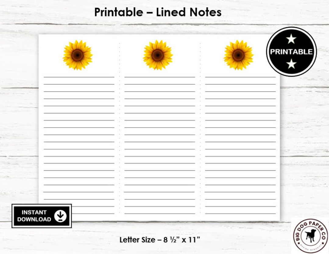 Sunflower Printable Lined Notes, Printable Sunflower to Do List, Letter ...