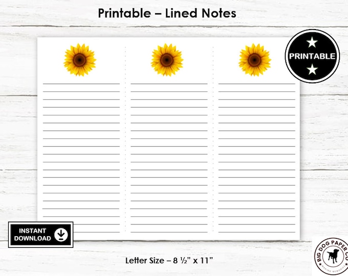 Sunflower Printable Lined Notes, Printable Sunflower to Do List, Letter ...