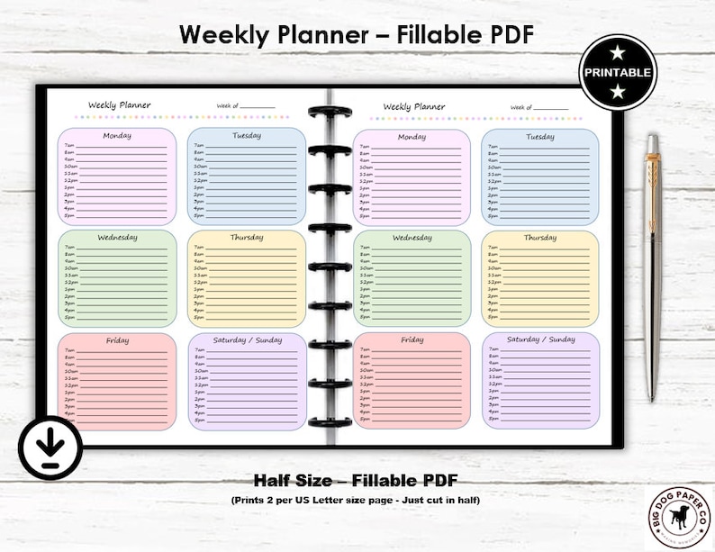 PRINTABLE & FILLABLE Weekly Planner, Fillable Hourly Schedule and Blank ...
