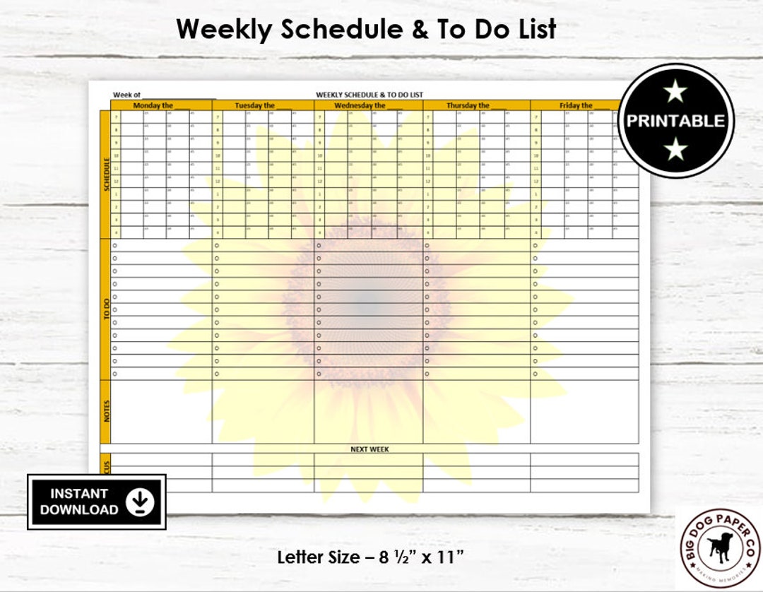 Sunflower Printable Weekly Schedule Planner Undated, Printable Weekly ...