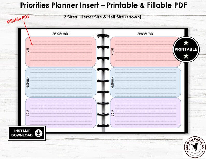 PRINTABLE & FILLABLE Priorities List Planner Insert, Colorful Planner ...