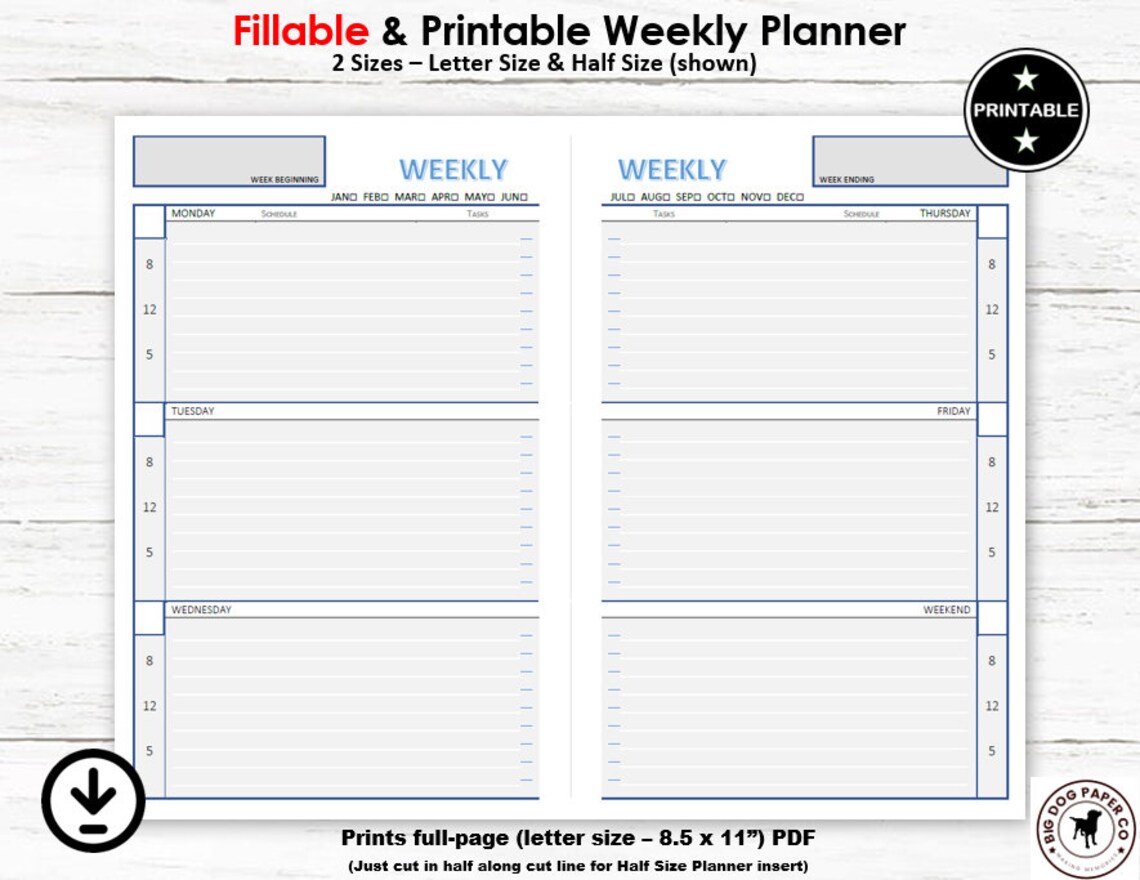 PRINTABLE & FILLABLE Weekly Planner Digital Planner Weekly - Etsy