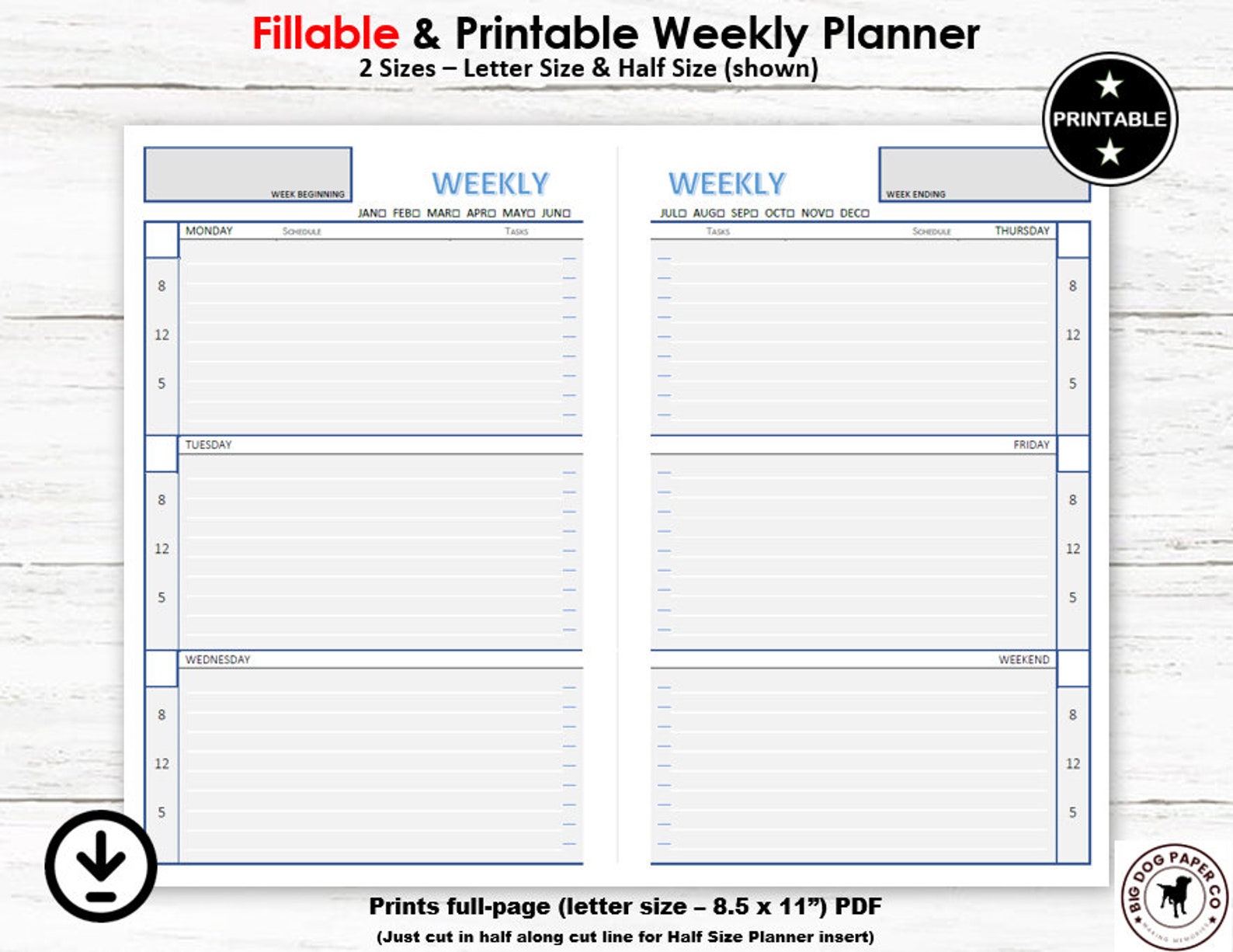 PRINTABLE & FILLABLE Weekly Planner Digital Planner Weekly - Etsy