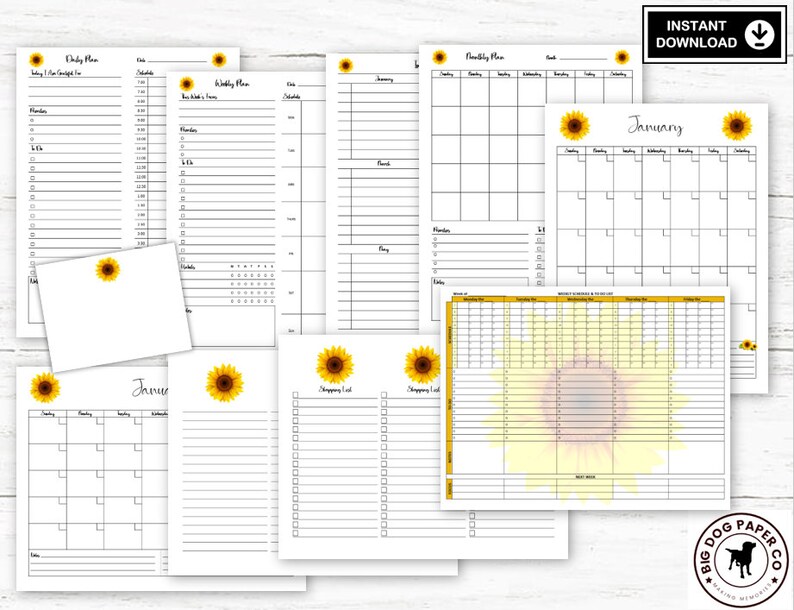 Sunflower Printable Planner Bundle Undated, BONUS Flat Note Cards ...