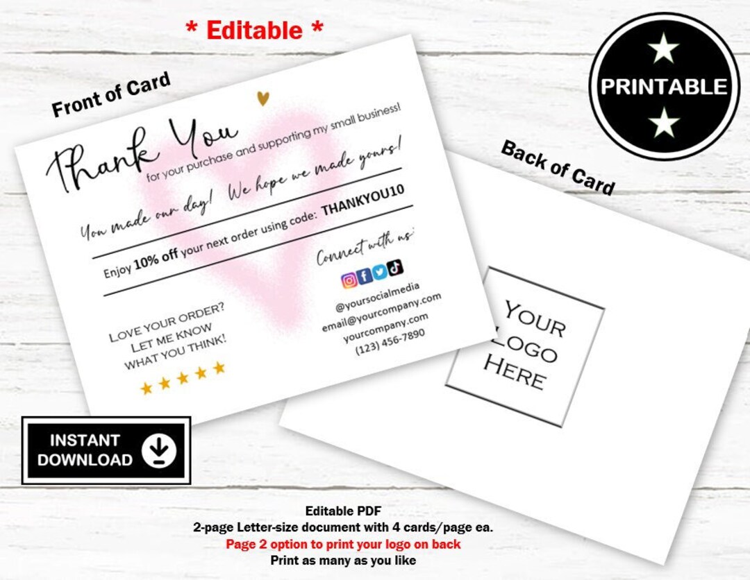 PRINTABLE EDITABLE Thank You for Your Purchase Insert Cards for ...