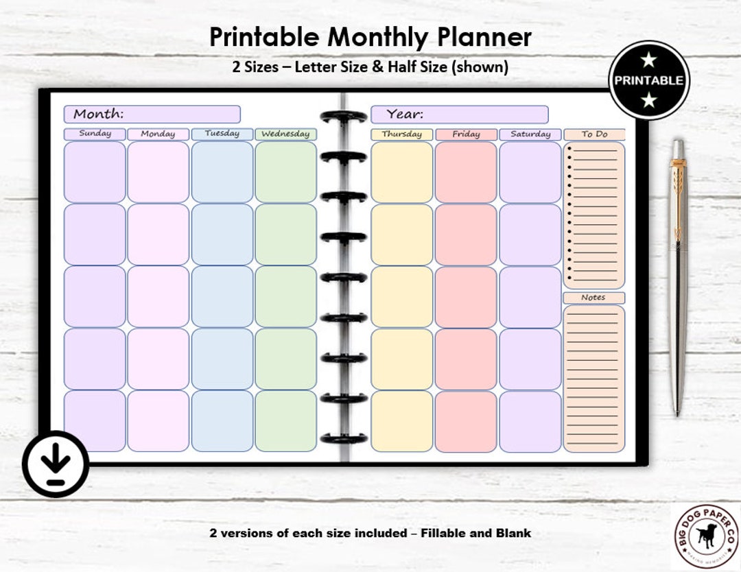 PRINTABLE & FILLABLE Monthly Planner, Colorful Monthly Planner Page ...