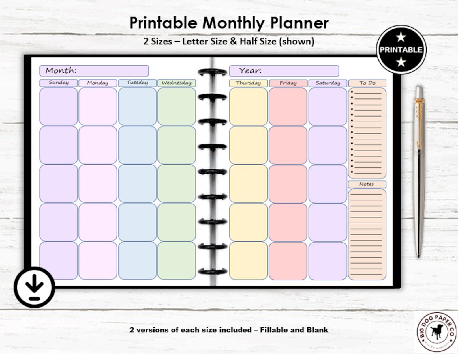 PRINTABLE & FILLABLE Monthly Planner, Colorful Monthly Planner Page ...