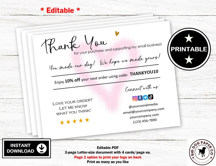 PRINTABLE EDITABLE Thank You for Your Purchase Insert Cards for ...
