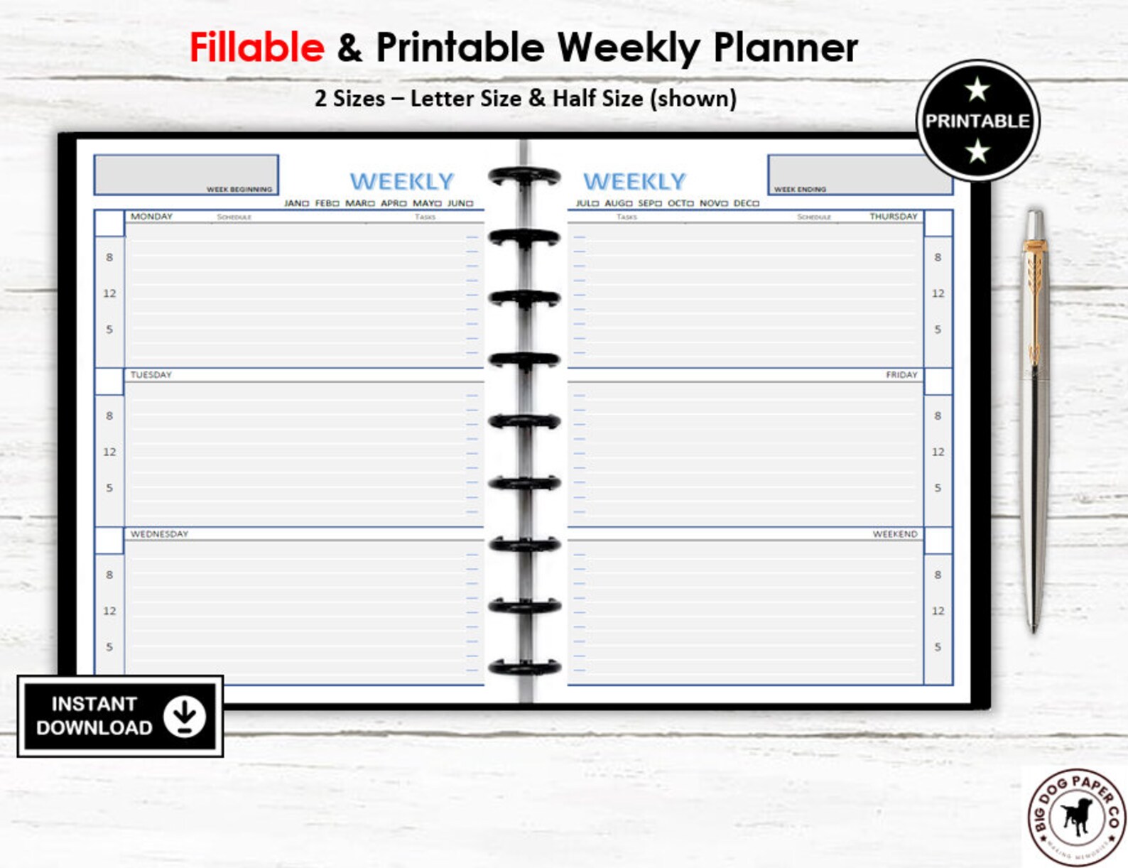PRINTABLE & FILLABLE Weekly Planner, Digital Planner, Weekly Schedule ...