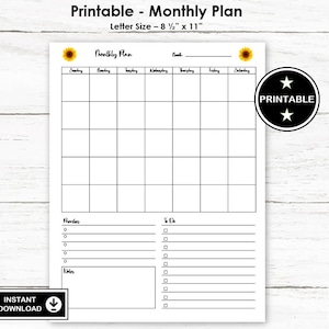 Sunflower Printable Monthly Planner Undated, Printable Monthly Schedule ...