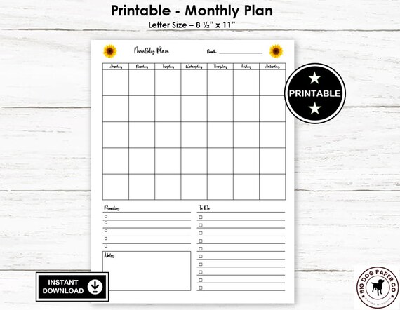 Sunflower Printable Monthly Planner Undated Printable Monthly - Etsy