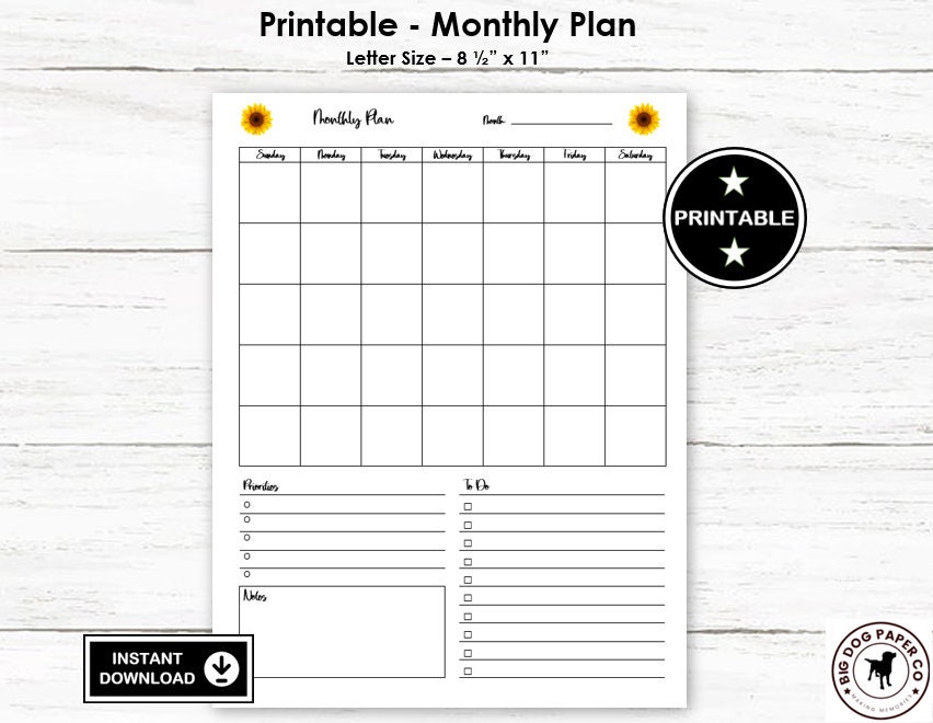 Sunflower Printable Monthly Planner Undated, Printable Monthly Schedule ...